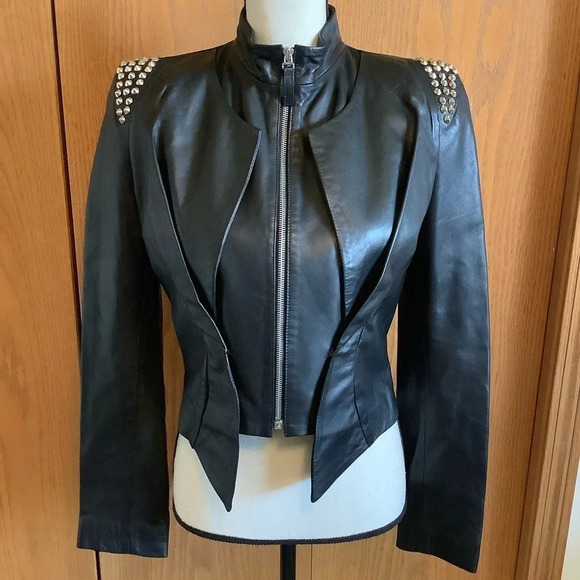 Amal Guessous | Jackets & Coats | Amal Guessous Black Leather Spiked ...